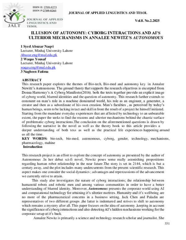 (PDF) ILLUSION OF AUTONOMY: CYBORG INTERACTIONS AND AI'S ULTERIOR MECHANISMS IN ANNALEE NEWITZ'S ...