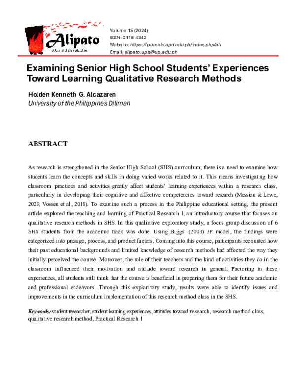 (PDF) Examining Senior High School Students' Experiences Toward ...