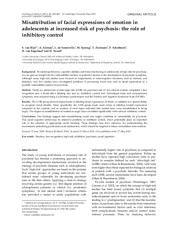 (PDF) Misattribution of facial expressions of emotion in adolescents at ...