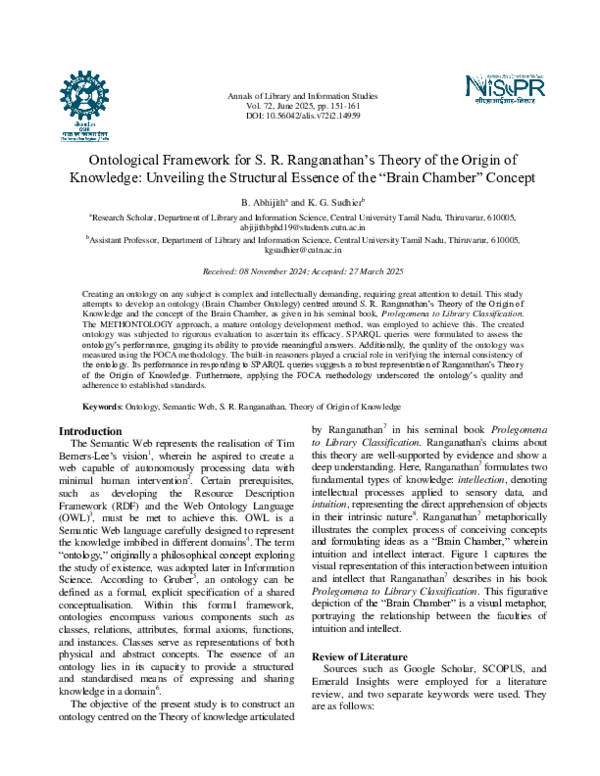 (PDF) Ontological Framework for S. R. Ranganathan's Theory of the Origin of Knowledge: Unveiling ...