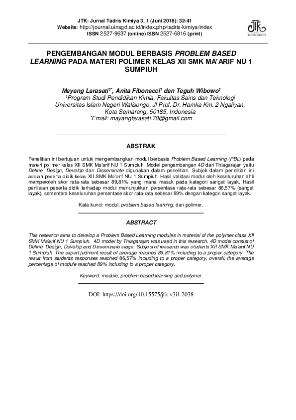 (PDF) Pengembangan Modul Berbasis Problem Based Learning Pada Materi Polimer Kelas XII SMK Ma ...