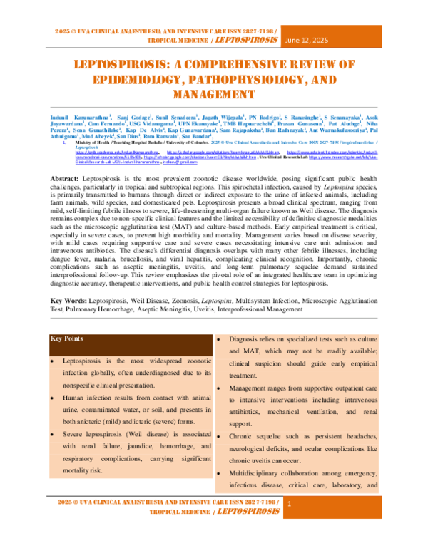 (PDF) Leptospirosis: A Comprehensive Review of Epidemiology, Pathophysiology, and Management