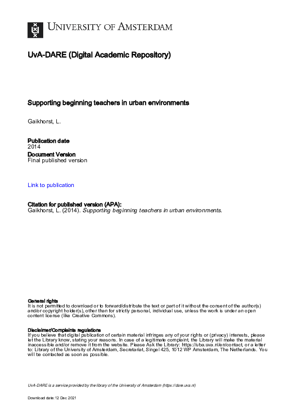(PDF) Supporting beginning teachers in urban environments