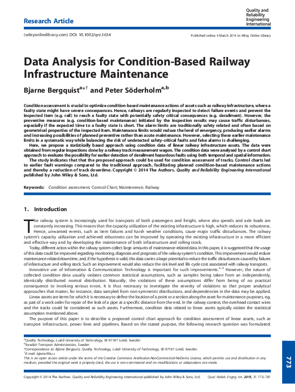 (PDF) Data Analysis for Condition‐Based Railway Infrastructure Maintenance