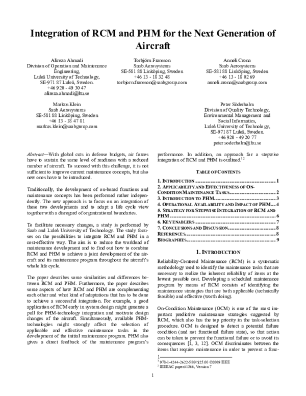 (PDF) Integration of RCM and PHM for the next generation of aircraft