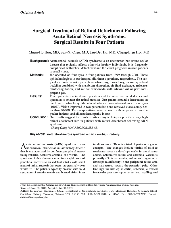 (PDF) Surgical treatment of retinal detachment following acute retinal ...