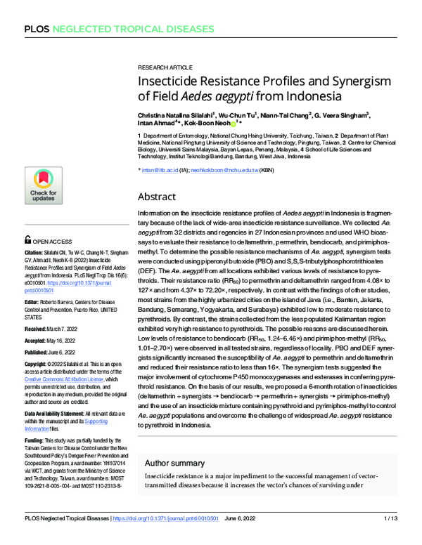 (PDF) Insecticide Resistance Profiles and Synergism of Field Aedes ...