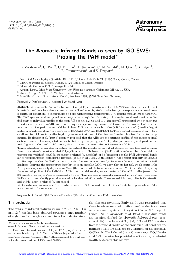(PDF) The Aromatic Infrared Bands as seen by ISO-SWS: Probing the PAH model