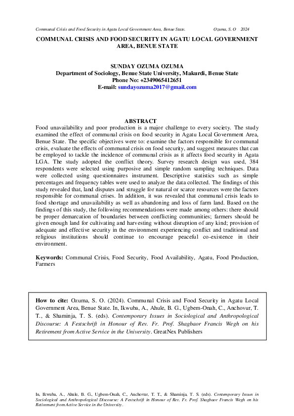 (PDF) COMMUNAL CRISIS AND FOOD SECURITY IN AGATU LOCAL GOVERNMENT AREA ...