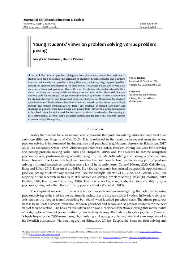 (PDF) Young students’ views on problem solving versus problem posing