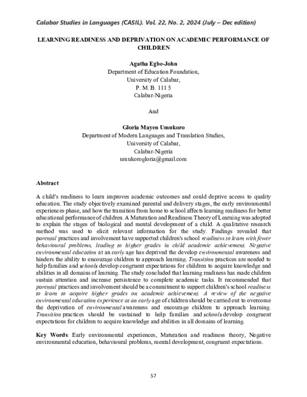 (PDF) LEARNING READINESS AND DEPRIVATION ON ACADEMIC PERFORMANCE OF ...