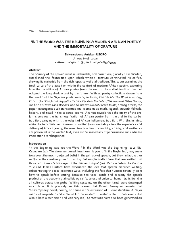 (PDF) 'In the Beginning was the Word': Modern African Poetry and the ...