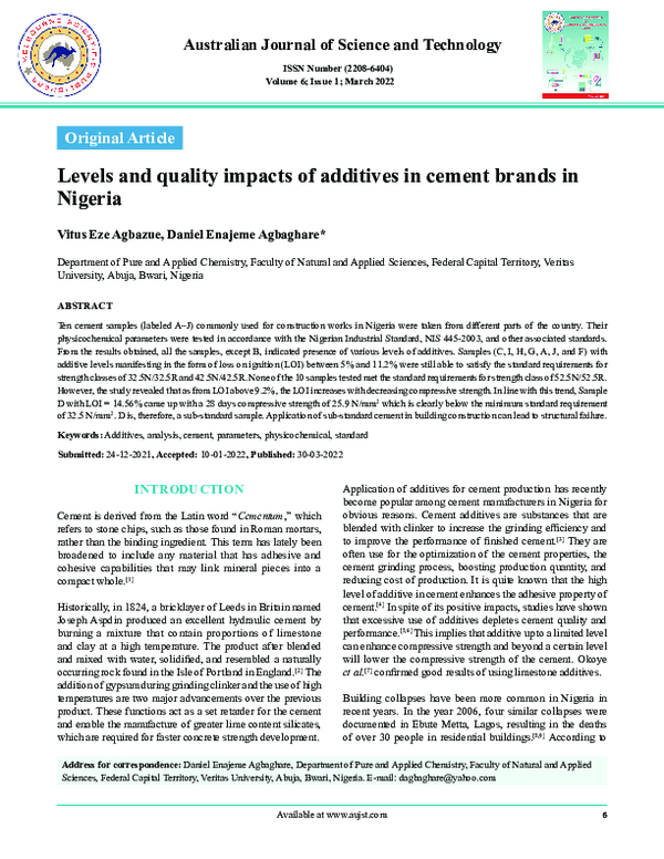 (PDF) Levels and quality impacts of additives in cement brands in Nigeria