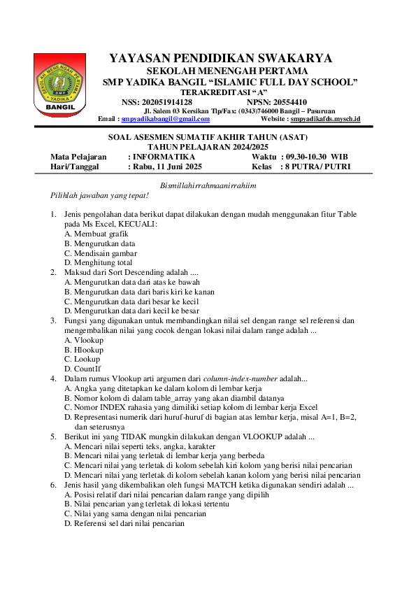 (PDF) Contoh Soal ASAT INFORMATIKA Kelas 8 Genap 2024-2025