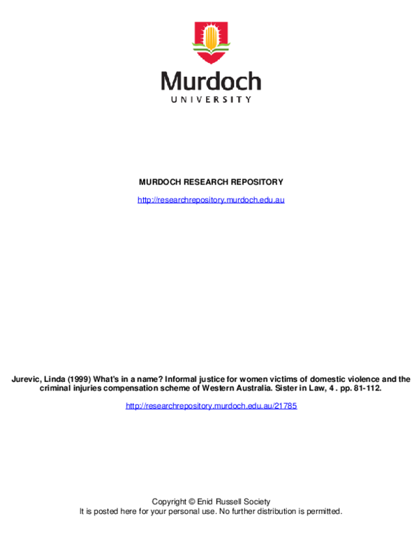 (PDF) What's in a name? Informal justice for women victims of domestic ...