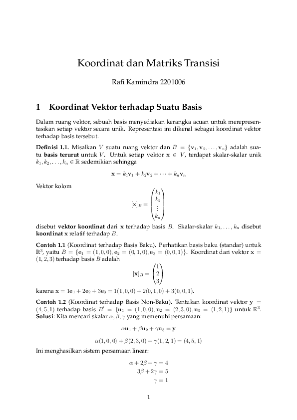 (PDF) ALJABAR LINEAR - KOORDINAT DAN MATRIKS TRANSISI