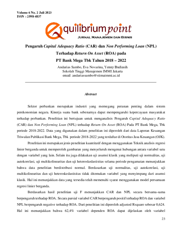 (PDF) Pengaruh Capital Adequacy Ratio (CAR) dan Non Performing Loan (NPL) Terhadap Return On ...
