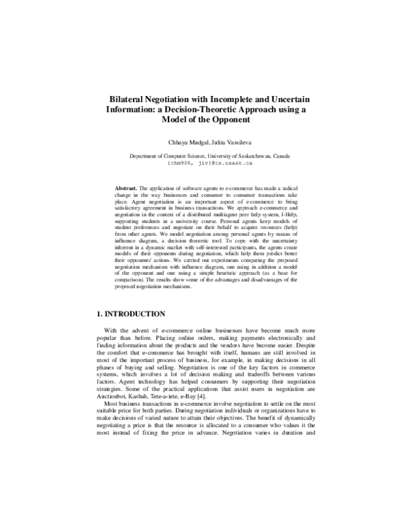 (PDF) Bilateral Negotiation with Incomplete and Uncertain Information: A Decision-Theoretic ...