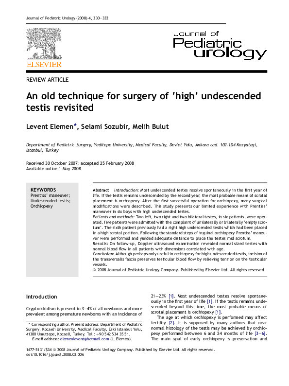 (PDF) An old technique for surgery of ‘high’ undescended testis revisited