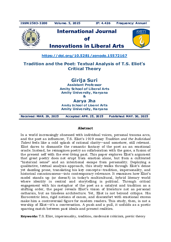 (PDF) Tradition and the Poet: Textual Analysis of T.S. Eliot’s Critical ...