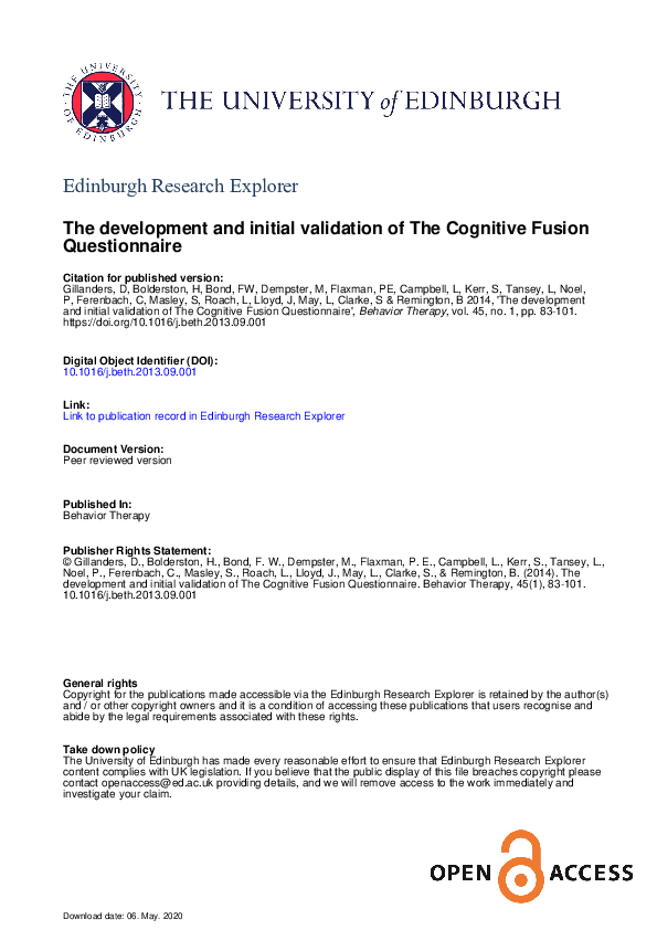 (PDF) The Development and Initial Validation of the Cognitive Fusion Questionnaire