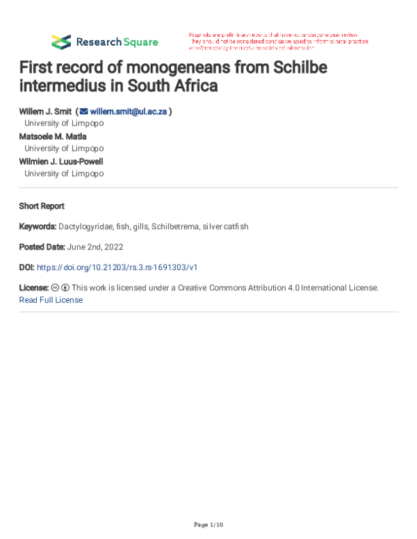 (PDF) First record of monogeneans from Schilbe intermedius in South Africa