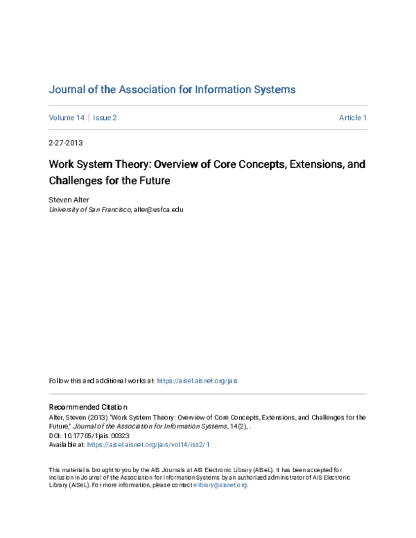 (PDF) Work System Theory: Overview of Core Concepts, Extensions, and ...