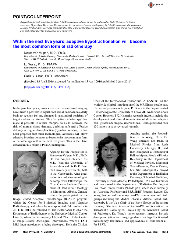 (PDF) Within the next five years, adaptive hypofractionation will ...