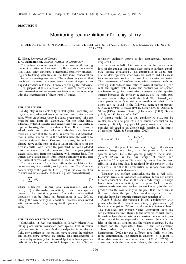 (PDF) Discussion: Monitoring sedimentation of a clay slurry