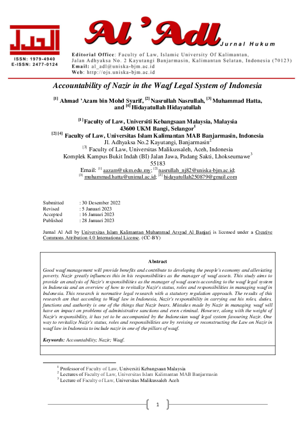 (PDF) Accountability of Nazir in the Waqf Legal System of Indonesia