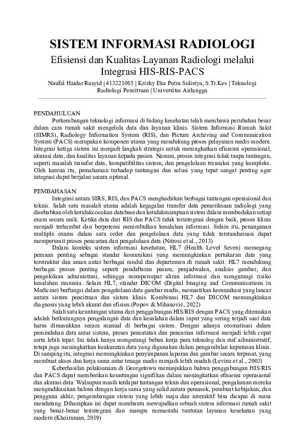 (PDF) Efisiensi dan Kualitas Layanan Radiologi melalui Integrasi HIS-RIS-PACS