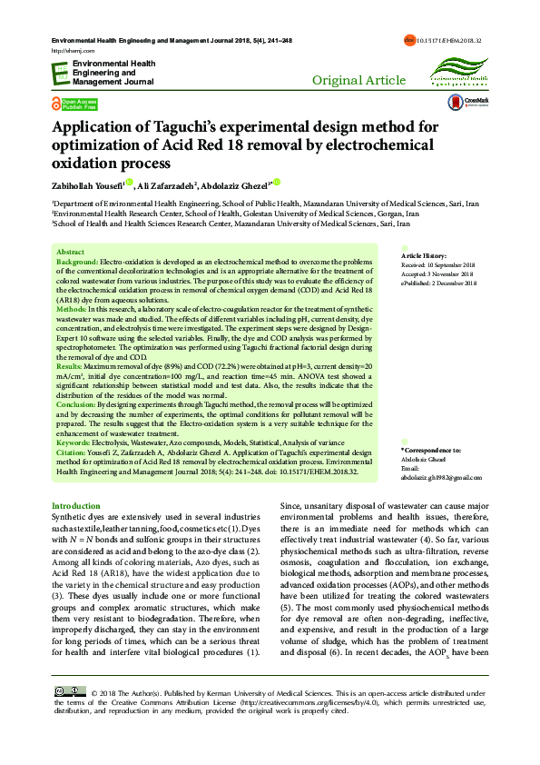 (PDF) Application of Taguchi’s experimental design method for optimization of Acid Red 18 ...