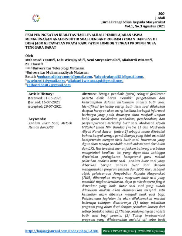 (PDF) PKM Peningkatan Kualitas Hasil Evaluasi Pembelajaran Siswa Menggunakan Analisis Butir Soal ...