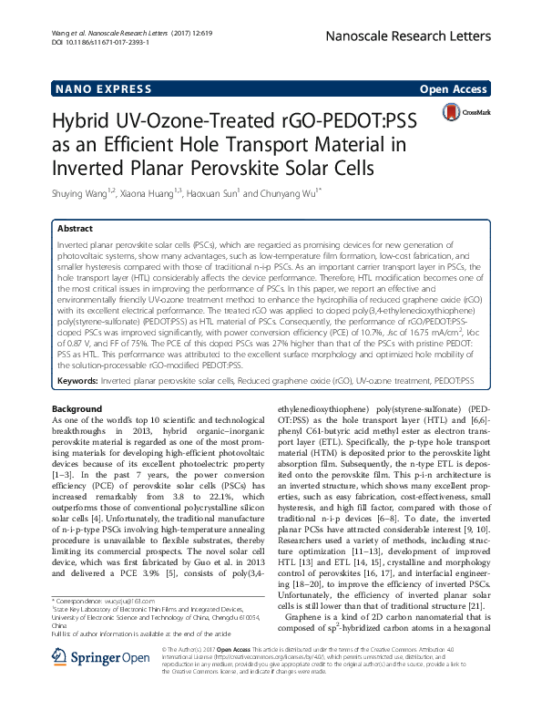 (PDF) Hybrid UV-Ozone-Treated rGO-PEDOT:PSS as an Efficient Hole ...