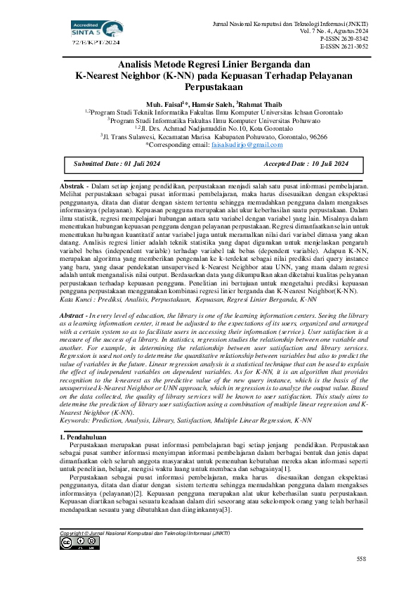 (PDF) Analisis Metode Regresi Linier Berganda dan K-Nearest Neighbor (K ...