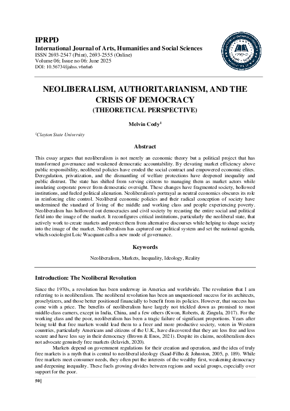 (PDF) NEOLIBERALISM, AUTHORITARIANISM, AND THE CRISIS OF DEMOCRACY ...