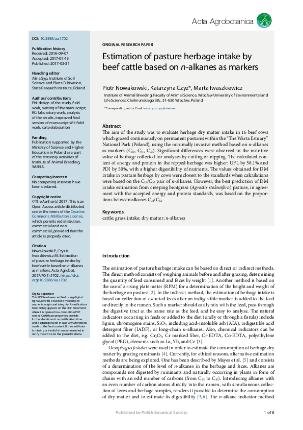 (PDF) Estimation of pasture herbage intake by beef cattle based on n ...