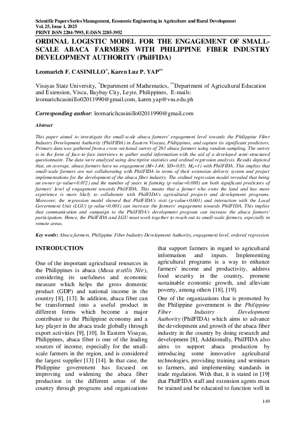 (PDF) ORDINAL LOGISTIC MODEL FOR THE ENGAGEMENT OF SMALL-SCALE ABACA ...