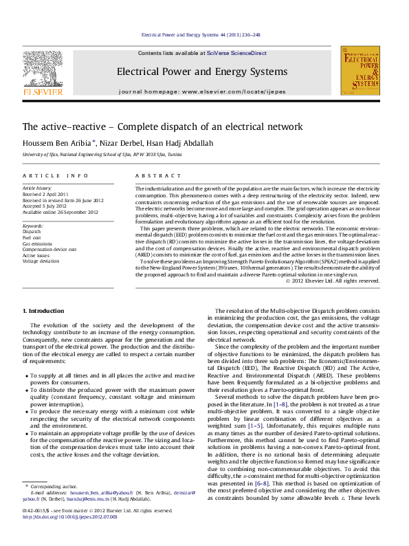 (PDF) The active–reactive – Complete dispatch of an electrical network