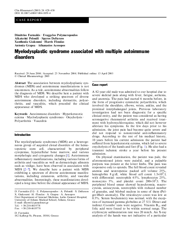 (PDF) Myelodysplastic syndrome associated with multiple autoimmune ...