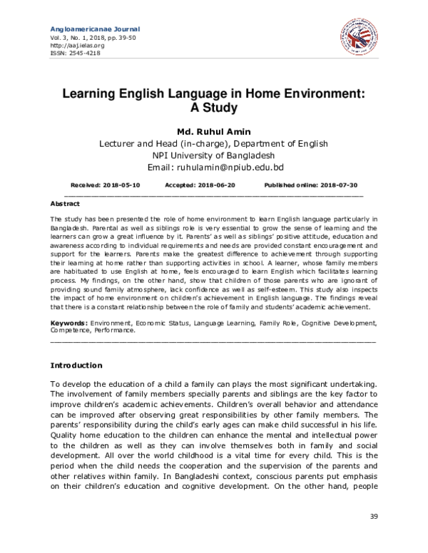(PDF) Learning English Language in Home Environment: A Study