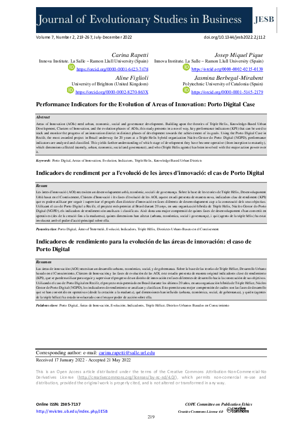 (PDF) Performance Indicators for the Evolution of Areas of Innovation: Porto Digital Case