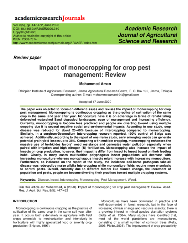 (PDF) Impact of monocropping for crop pest management: Review