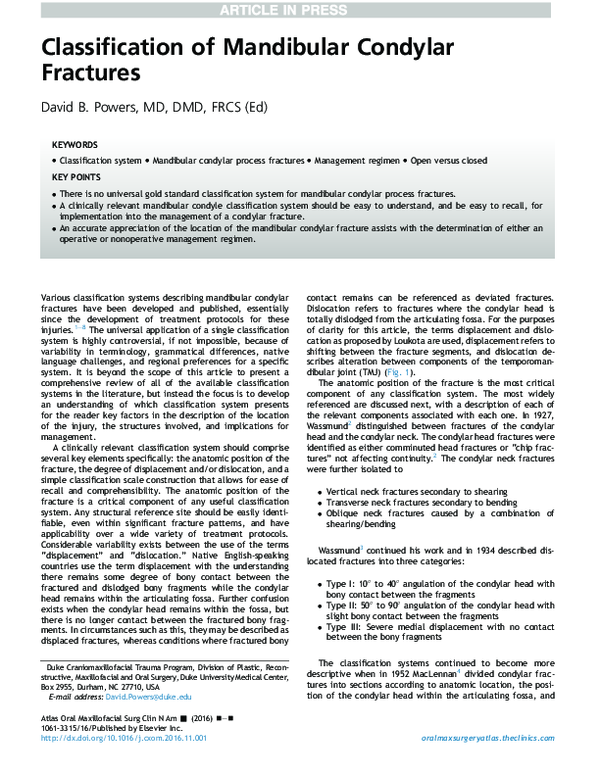 (PDF) Classification of Mandibular Condylar Fractures