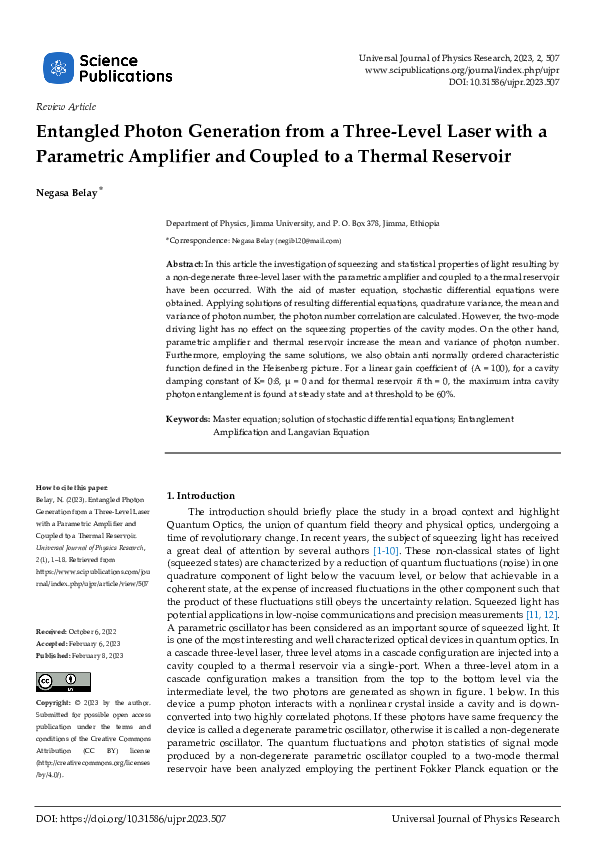 (PDF) Entangled Photon Generation from a Three-Level Laser with a ...