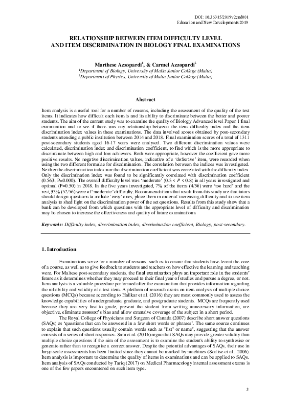 (PDF) Relationship Between Item Difficulty Level and Item ...