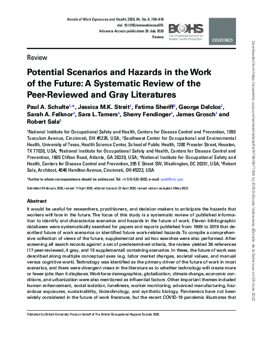 (PDF) Potential Scenarios and Hazards in the Work of the Future: A ...