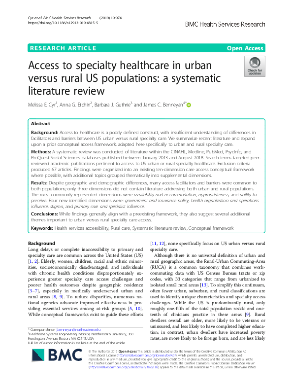 (PDF) Access to specialty healthcare in urban versus rural US ...