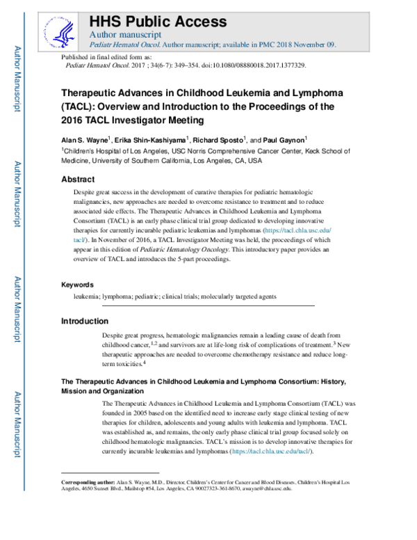 (PDF) Therapeutic Advances in Childhood Leukemia and Lymphoma (TACL ...