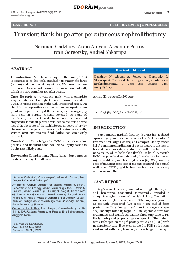 (PDF) Transient flank bulge after percutaneous nephrolithotomy